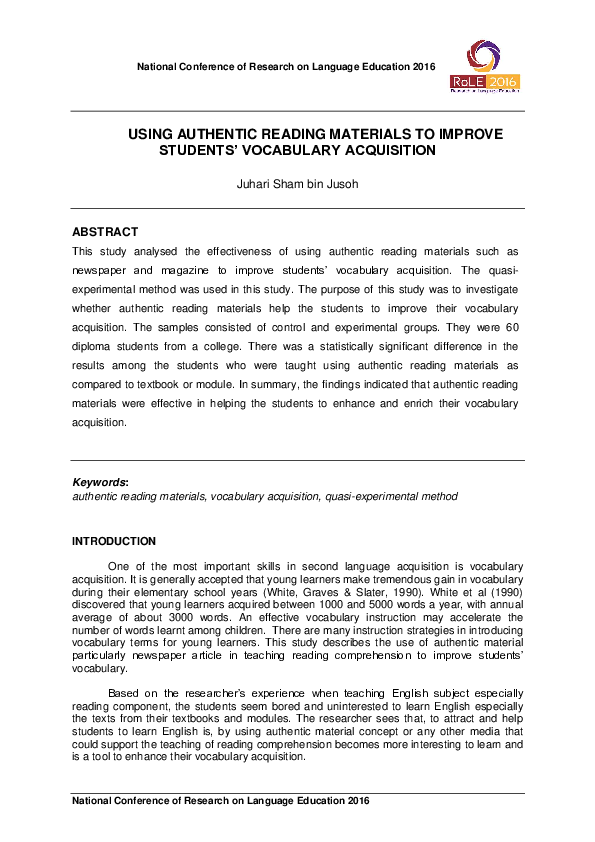 (PDF) USING AUTHENTIC READING MATERIALS TO IMPROVE STUDENTS' VOCABULARY ACQUISITION