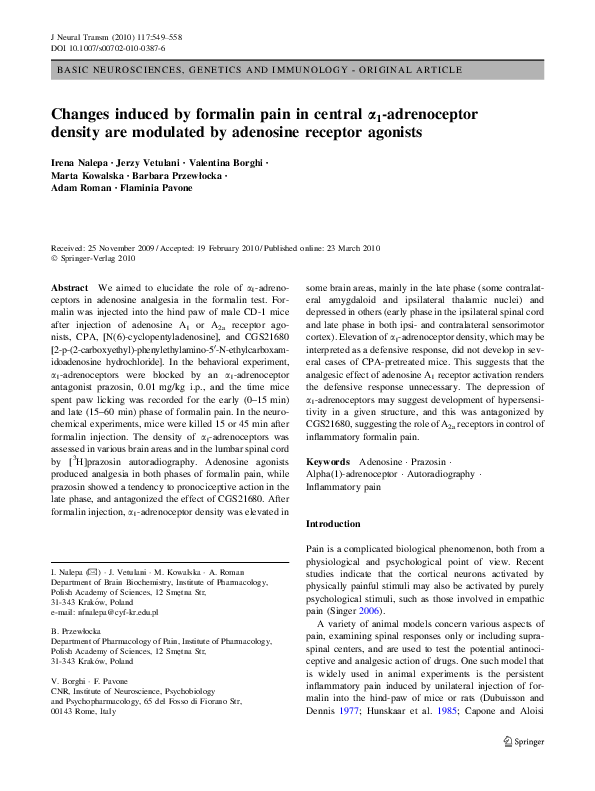 (PDF) Changes induced by formalin pain in central α 1 -adrenoceptor ...