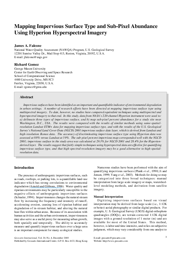 Pdf Mapping Impervious Surface Type And Sub‐pixel Abundance Using Hyperion Hyperspectral Imagery