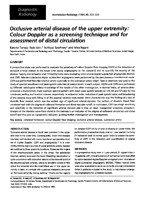 (PDF) Occlusive arterial disease of the upper extremity: Colour Doppler ...