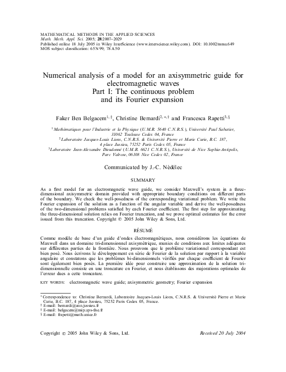 (PDF) Numerical analysis of a model for an axisymmetric guide for electromagnetic waves Part I ...