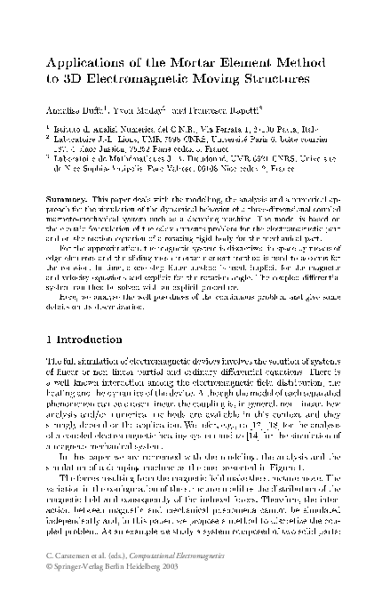 (PDF) Applications of the Mortar Element Method to 3D Electromagnetic Moving Structures