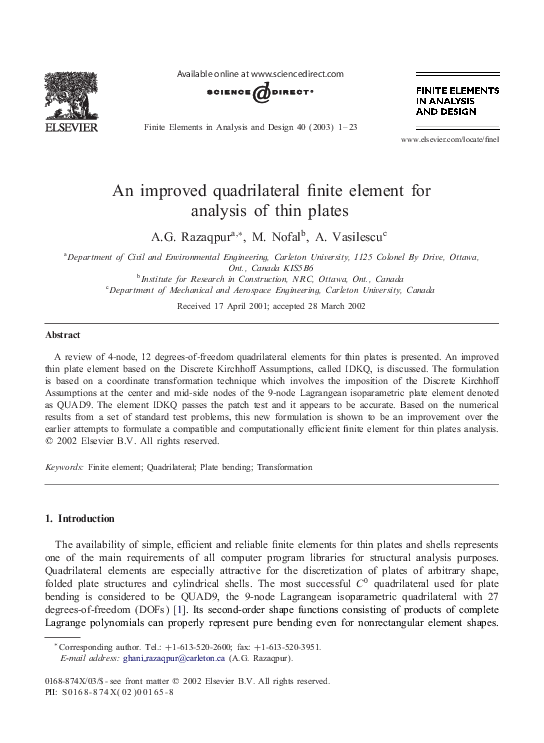 Pdf An Improved Quadrilateral Finite Element For Analysis Of Thin Plates