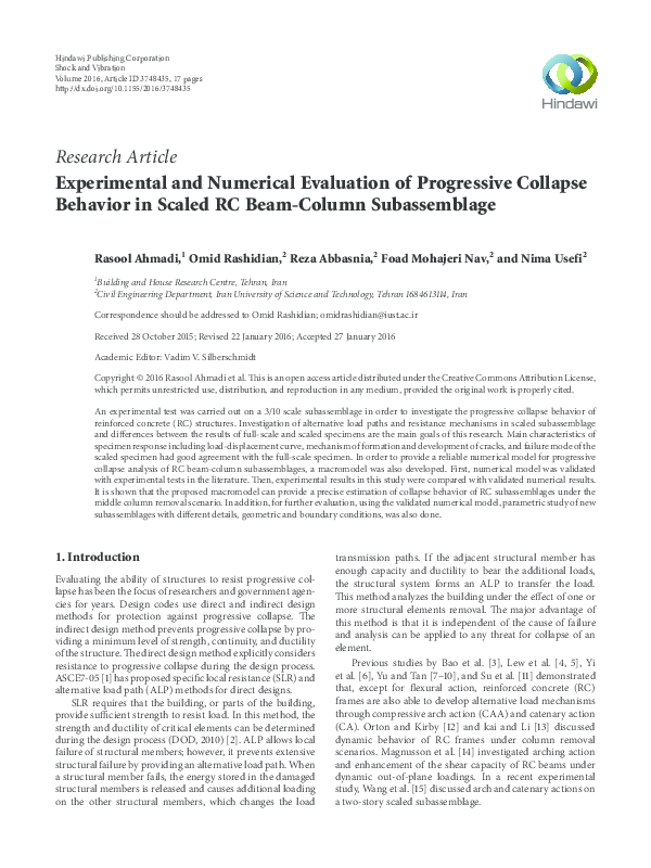(PDF) Experimental and Numerical Evaluation of Progressive Collapse ...