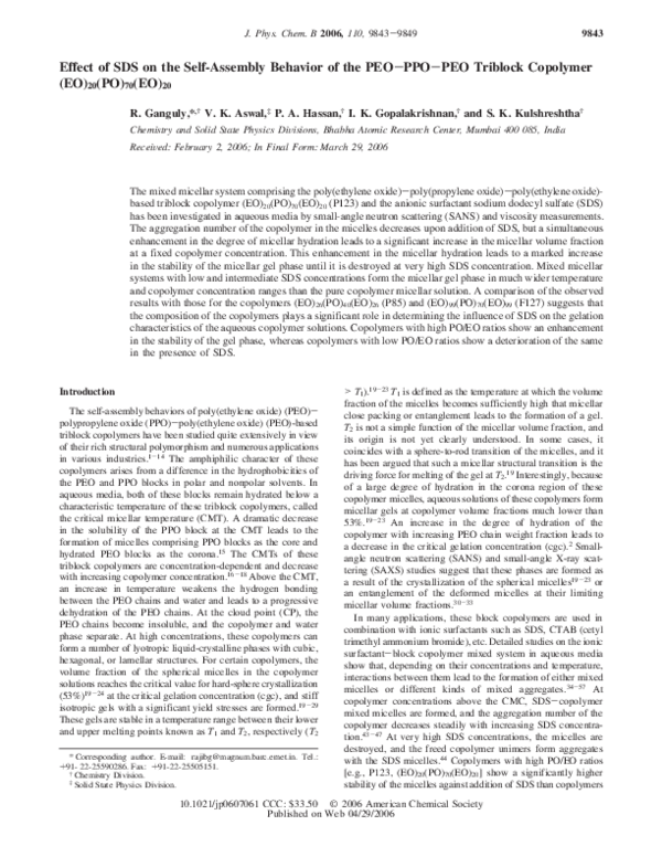 (PDF) Effect of SDS on the Self-Assembly Behavior of the PEO−PPO−PEO ...