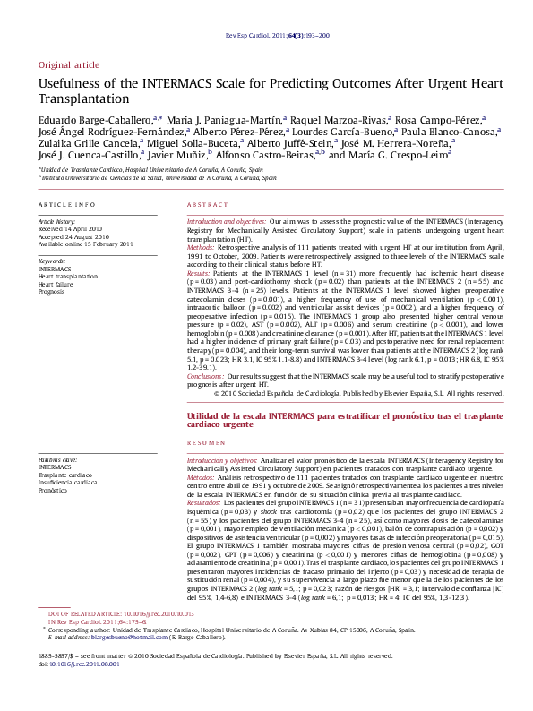 (PDF) Utilidad de la escala INTERMACS para estratificar el pronóstico ...