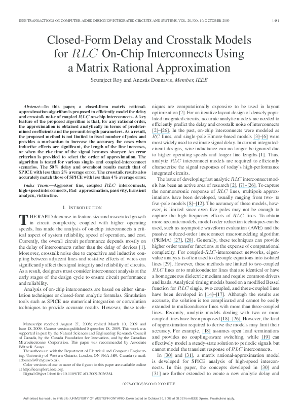 Pdf Closed Form Delay And Crosstalk Models For Rlc On Chip Interconnects Using A Matrix