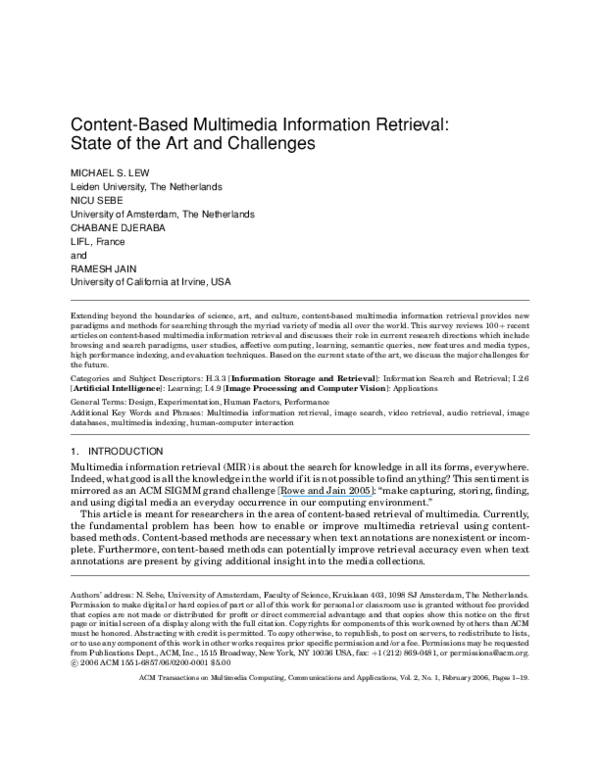 Pdf Content Based Multimedia Information Retrieval State Of The Art And Challenges