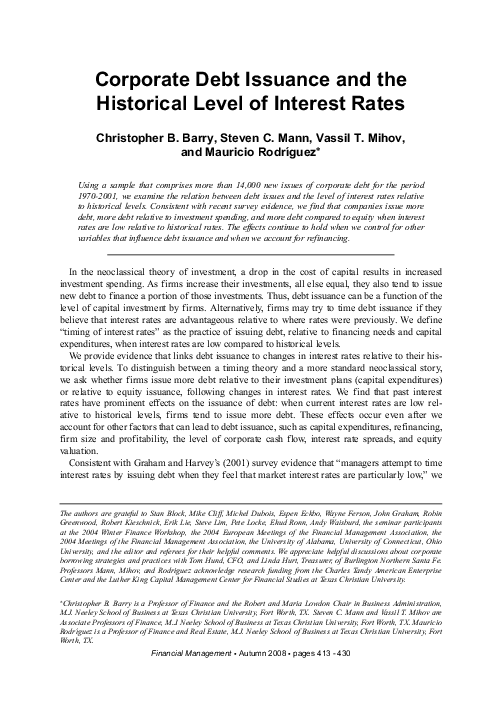 (PDF) Corporate Debt Issuance and the Historical Level of Interest Rates