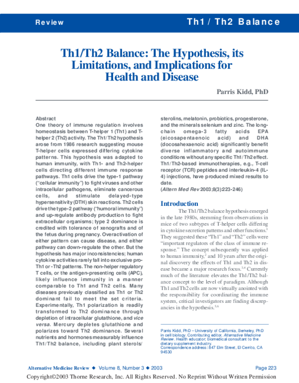 (PDF) Th1/Th2 Balance: The Hypothesis, its Limitations, and Implications for Health and Disease