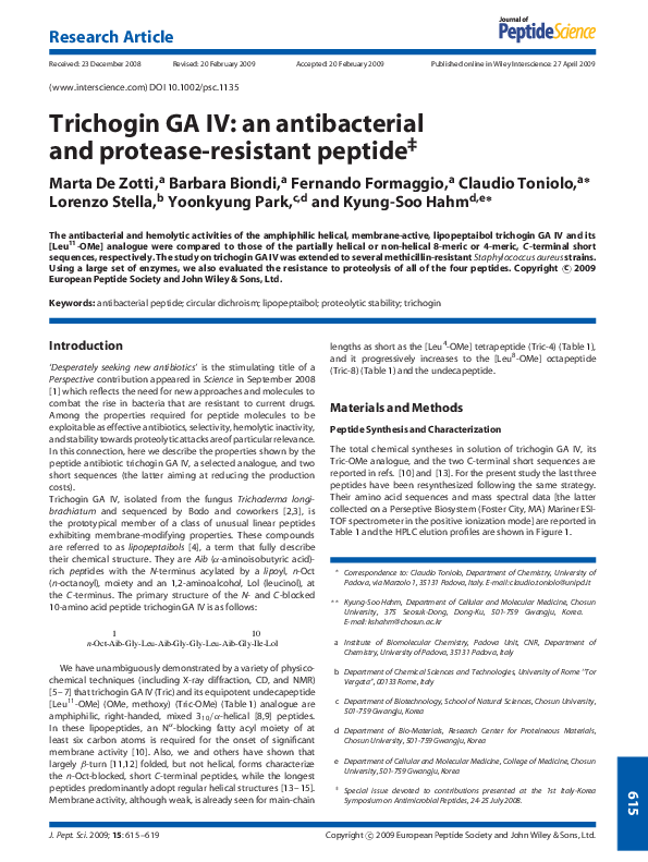 (PDF) Trichogin GA IV: an antibacterial and protease-resistant peptide