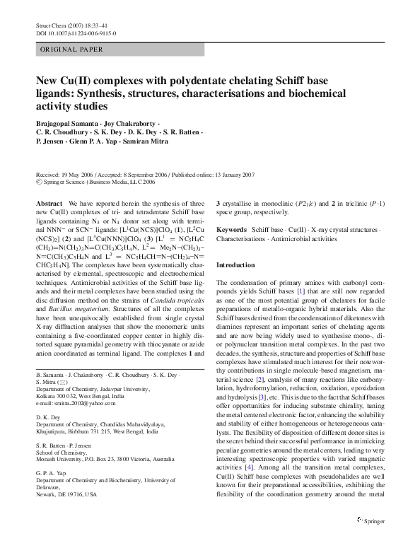 (PDF) New Cu(II) complexes with polydentate chelating Schiff base ligands: Synthesis, structures ...