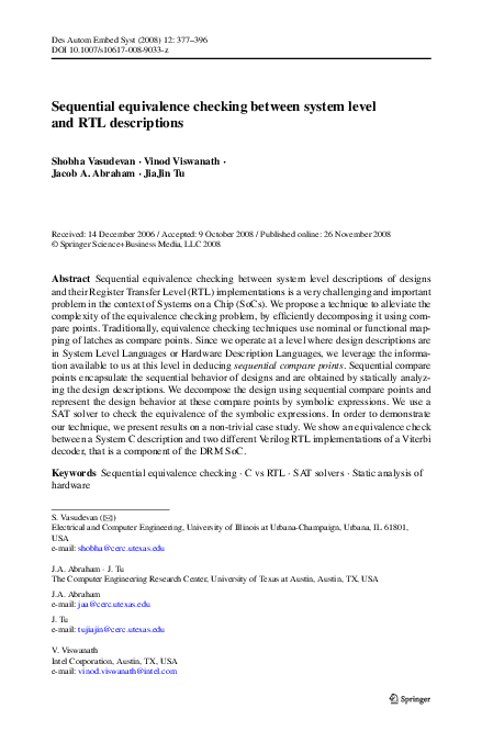 Pdf Sequential Equivalence Checking Between System Level And Rtl