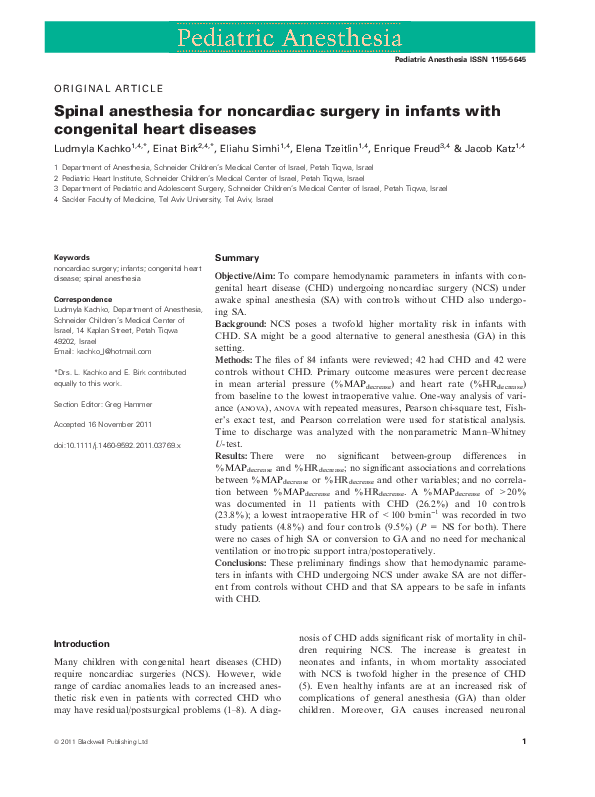 (PDF) Spinal anesthesia for noncardiac surgery in infants with ...