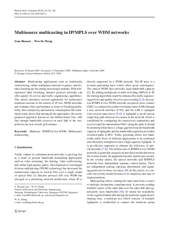 (PDF) Multisource multicasting in IP/MPLS over WDM networks