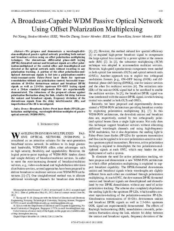 Pdf A Broadcast Capable Wdm Passive Optical Network Using Offset Polarization Multiplexing