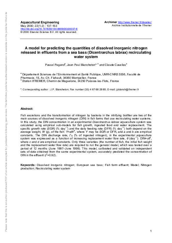(PDF) A model for predicting the quantities of dissolved inorganic nitrogen released in ...