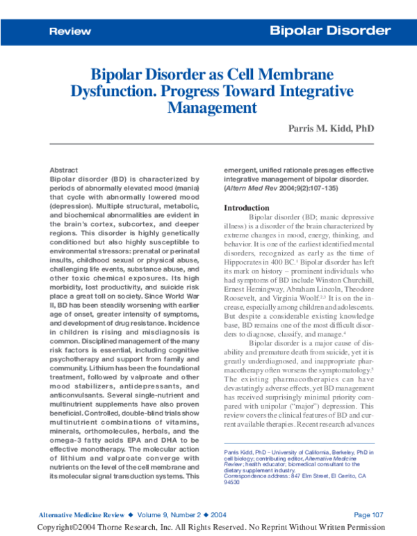 (PDF) Bipolar Disorder as Cell Membrane Dysfunction. Progress Toward ...