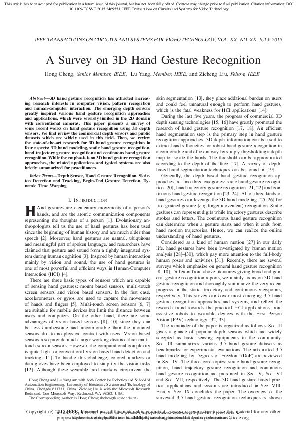 (PDF) A Survey on 3D Hand Gesture Recognition