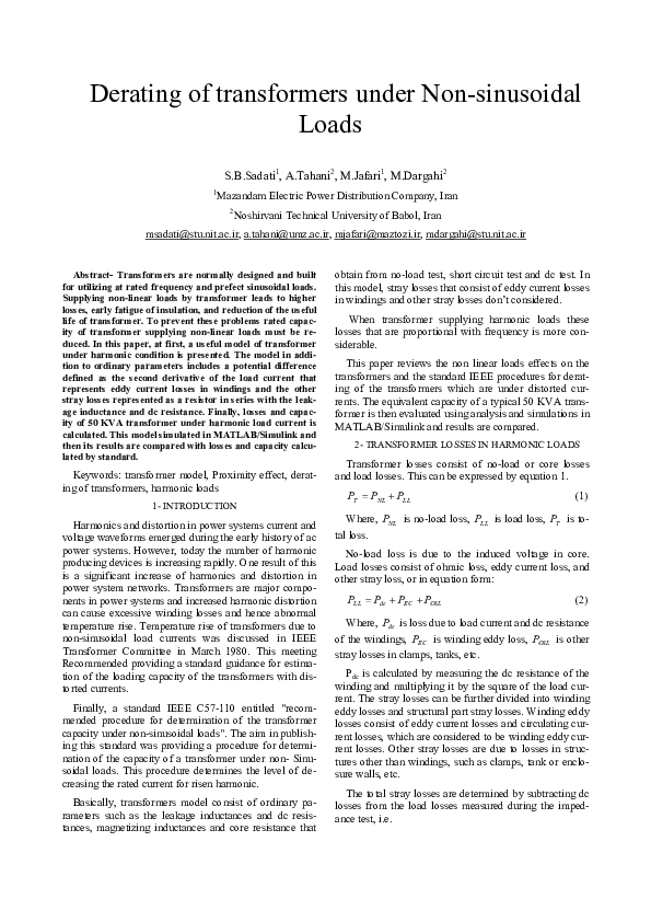 (PDF) Derating of transformers under non-sinusoidal loads