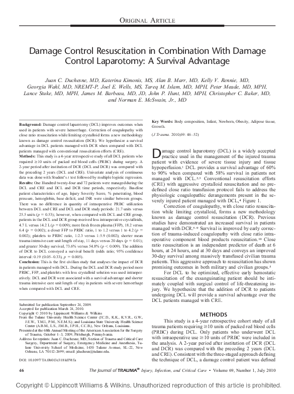 (PDF) Damage Control Resuscitation in Combination With Damage Control Laparotomy: A Survival ...