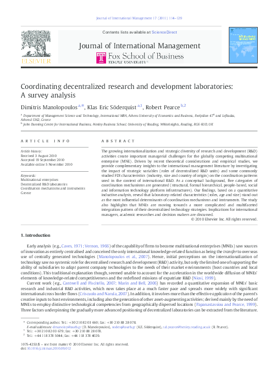 (PDF) Coordinating decentralized research and development laboratories ...