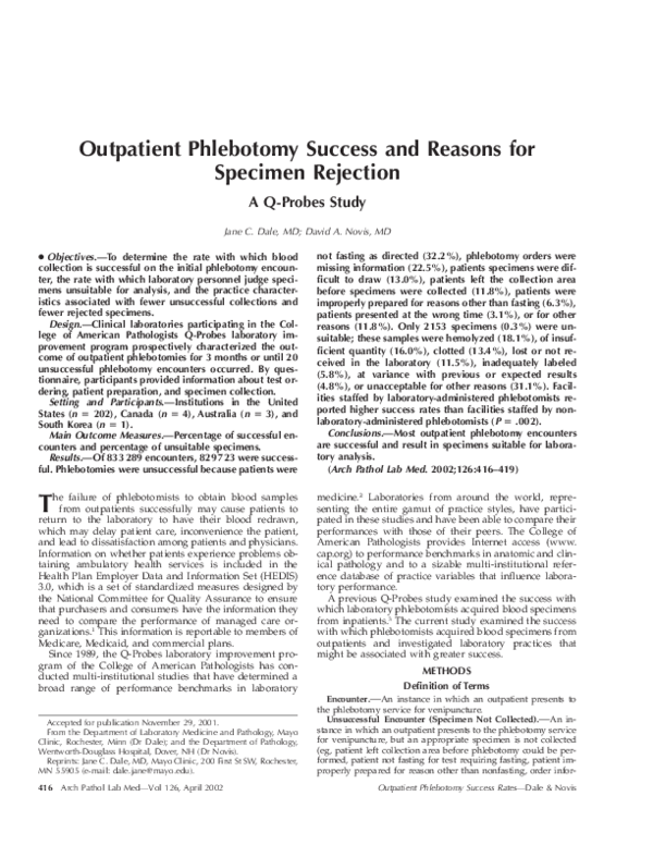(PDF) Outpatient Phlebotomy Success and Reasons for Specimen Rejection