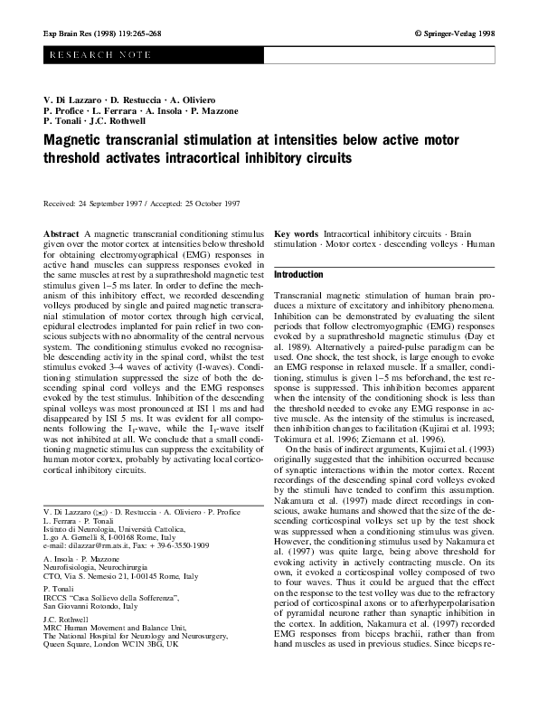 (PDF) Magnetic transcranial stimulation at intensities below active ...
