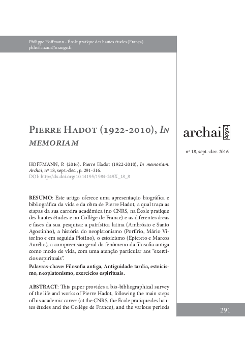 (PDF) 2016_« Philippe Hoffmann : Pierre Hadot (1922-2010), In memoriam