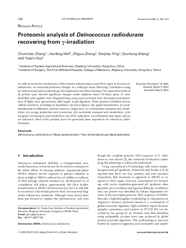 (PDF) Proteomic analysis ofDeinococcus radiodurans recovering from ?-irradiation