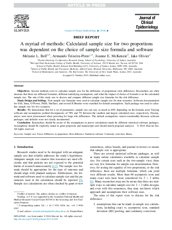 (PDF) A myriad of methods: calculated sample size for two proportions ...