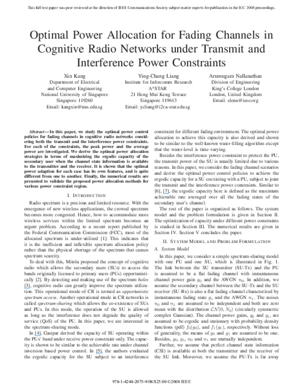 (PDF) Optimal Power Allocation for Fading Channels in Cognitive Radio Networks: Delay-Limited ...