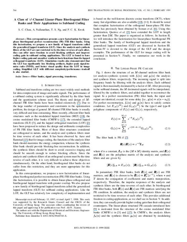 (PDF) A class of M-channel linear-phase biorthogonal filter banks and their applications to ...