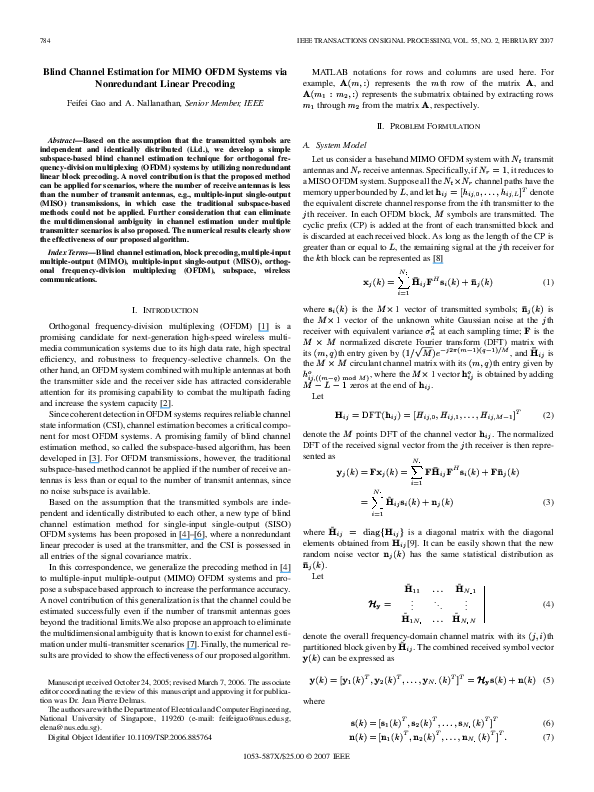 (PDF) Blind Channel Estimation for MIMO OFDM Systems via Nonredundant Linear Precoding