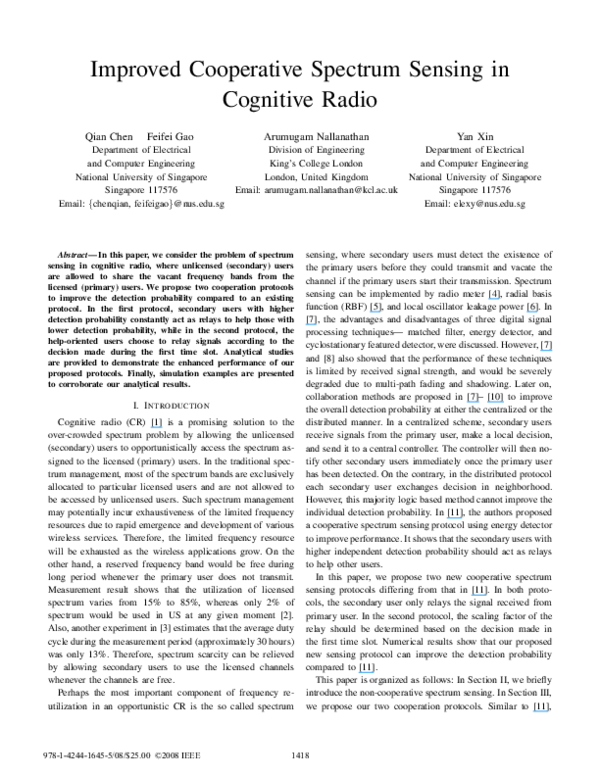 (PDF) Improved Cooperative Spectrum Sensing in Cognitive Radio
