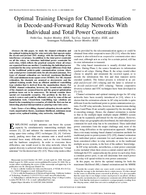 (PDF) Optimal Training Design for Channel Estimation in Amplify and Forward Relay Networks
