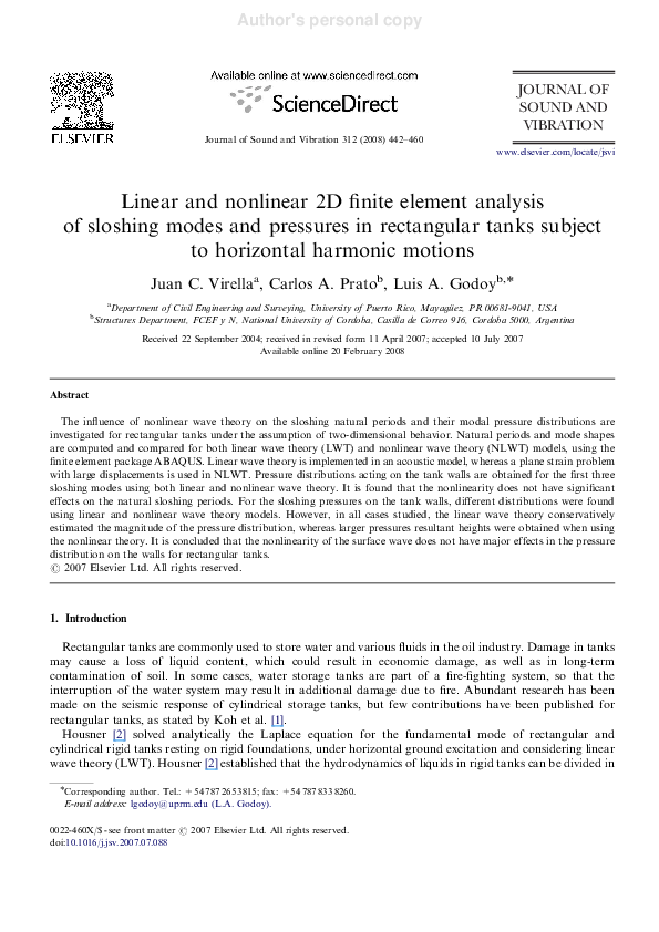 Linear And Nonlinear 2d Finite Element Analysis Of Sloshing Modes And Pressures In Rectangular