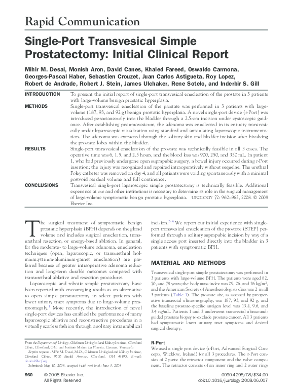 (PDF) Single-Port Transvesical Simple Prostatectomy: Initial Clinical ...