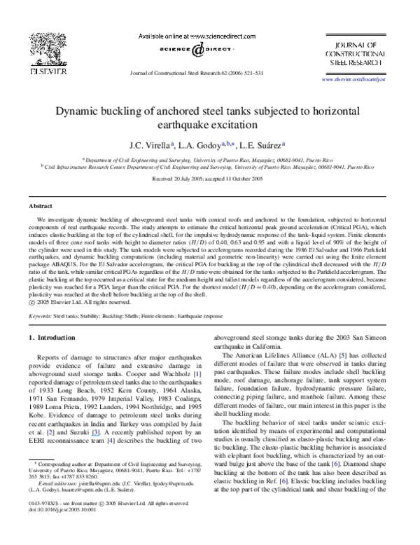 (PDF) Dynamic buckling of anchored steel tanks subjected to horizontal ...