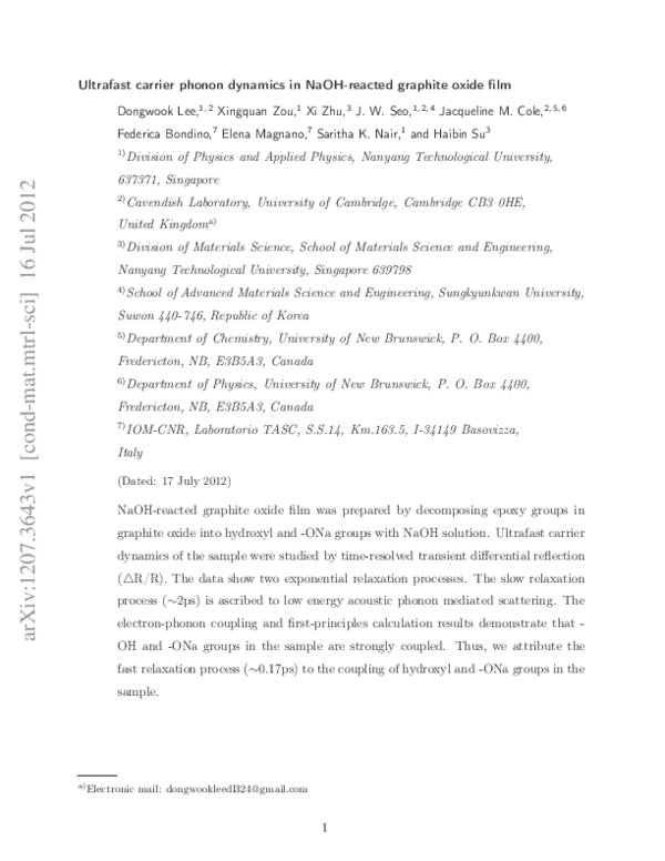 (PDF) Ultrafast carrier phonon dynamics in NaOH-reacted graphite oxide film