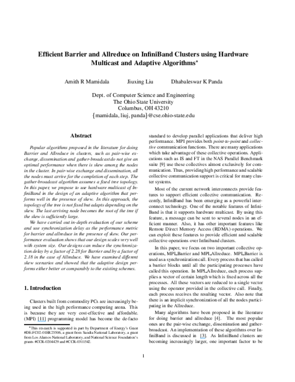 Pdf Efficient Barrier And Allreduce On Infiniband Clusters Using Multicast And Adaptive Algorithms