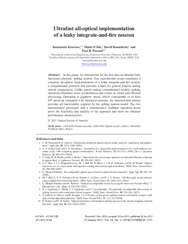 (PDF) Ultrafast All-Optical Implementation of a Leaky Integrate-and-Fire Neuron