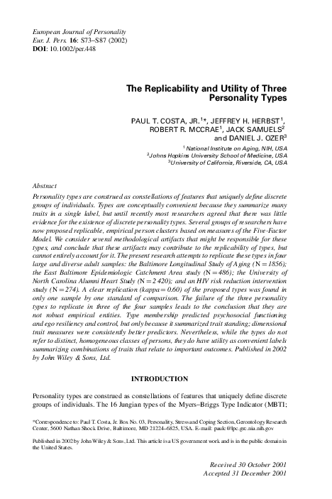 (PDF) The replicability and utility of three personality types