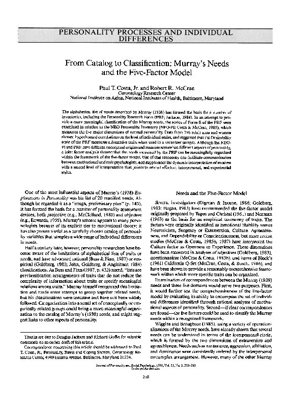 (PDF) From catalog to classification: Murray's needs and the five-factor model