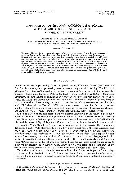 (PDF) Comparison of EPI and psychoticism scales with measures of the ...