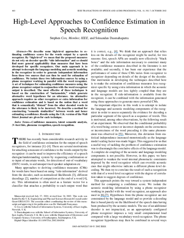(PDF) High-level approaches to confidence estimation in speech recognition