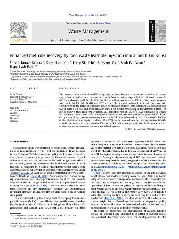 (PDF) Enhanced methane recovery by food waste leachate injection into a ...