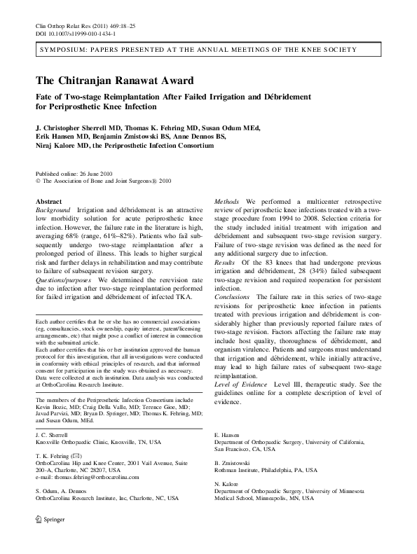 (PDF) The Chitranjan Ranawat Award: Fate of Two-stage Reimplantation ...