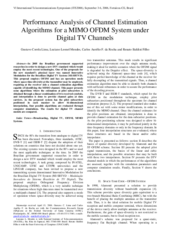 (PDF) Performance analysis of channel estimation algorithms for a MIMO OFDM system under digital ...