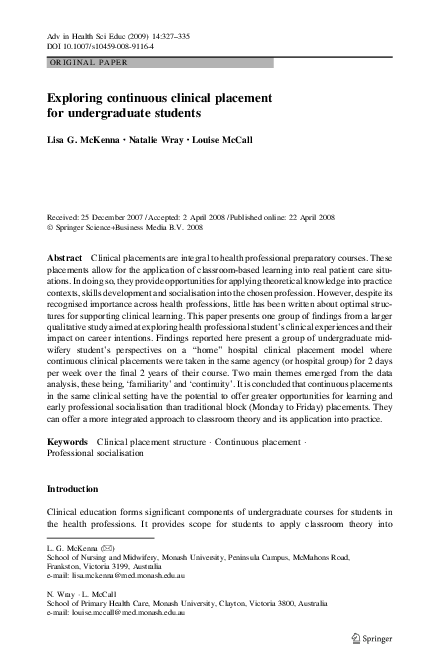 (PDF) Exploring continuous clinical placement for undergraduate students